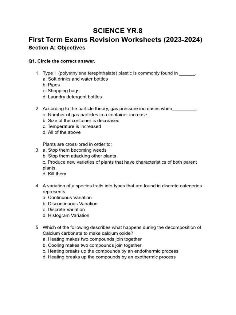 YR8. Science Revision Worksheets 2023-2024 | Download Free PDF | Magnesium | Oxide