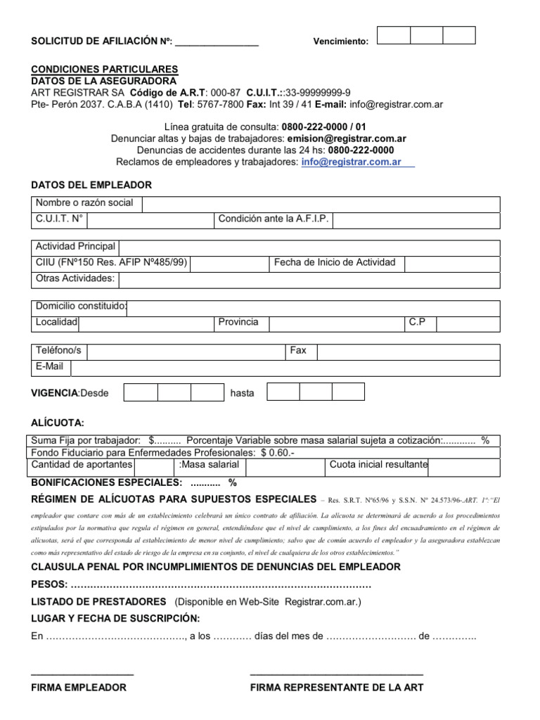 Modelo Afiliacion RegistrarART | PDF | Derecho laboral | Seguridad y salud ocupacional