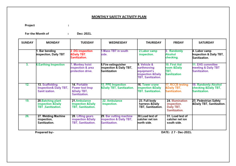 Monthly Safety Activity Plan FORMAT | PDF
