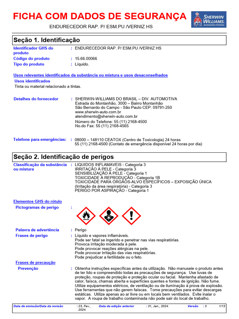 FISPQ Endurecedor 066 | PDF | Desperdício | Incêndios