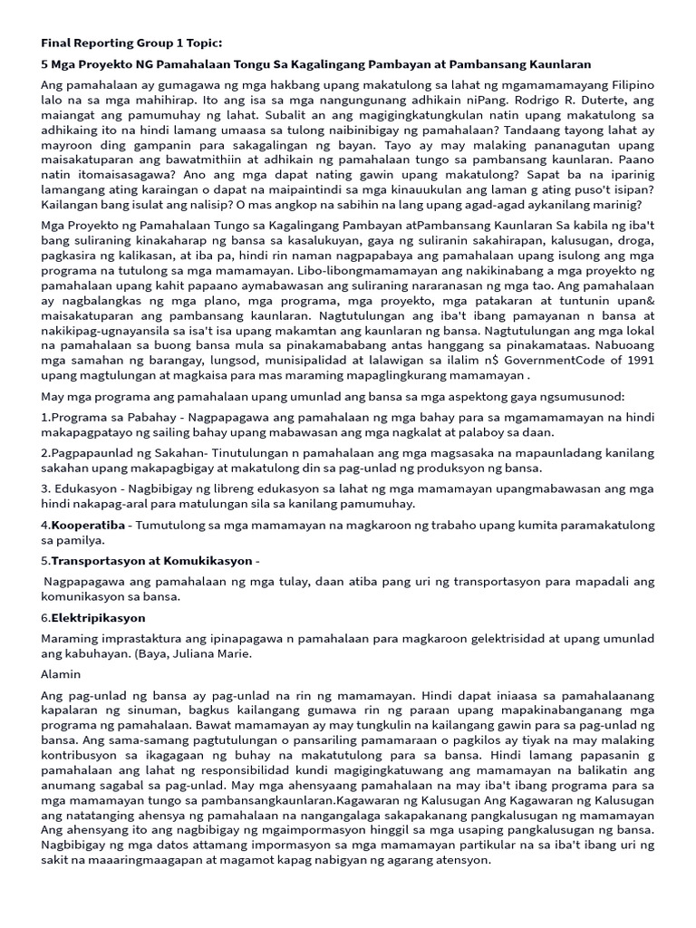 Final Reporting Group 1 Topic 5 Mga Proyekto NG Pamahalaan Tongu Sa Kagalingang Pambayan at ...