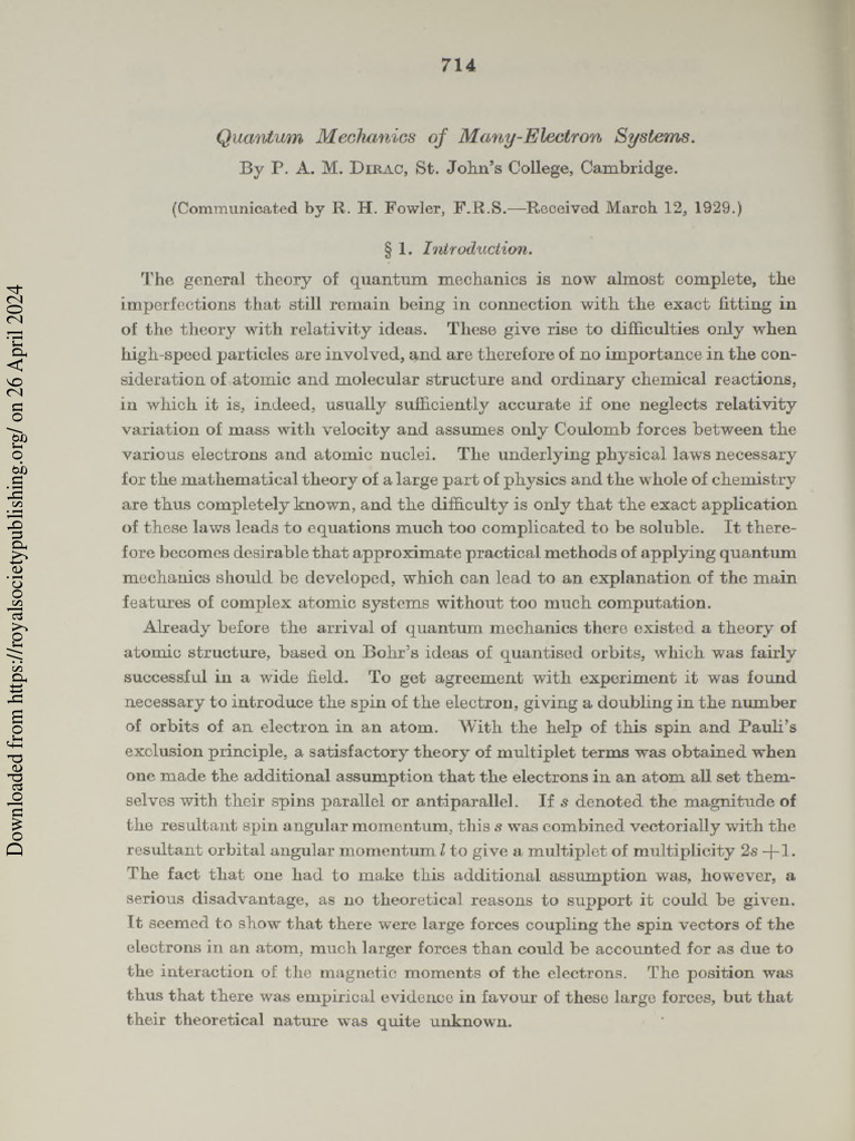 Dirac Fowler 1997 Quantum Mechanics of Many Electron Systems | PDF ...