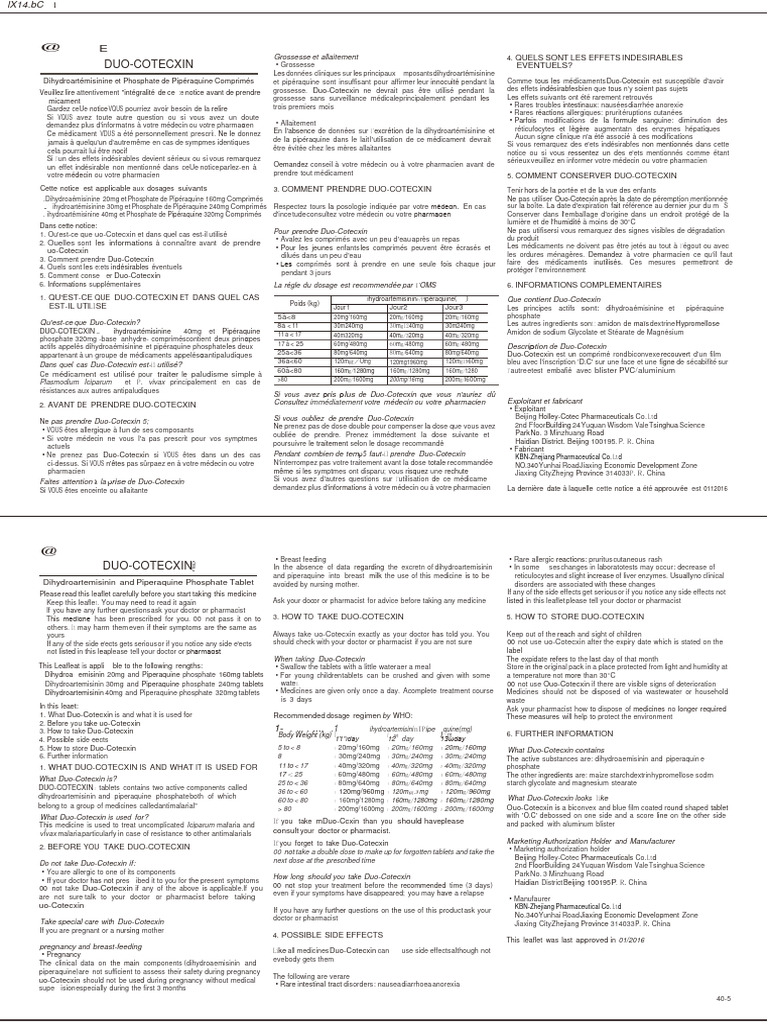 Posologie et effets de Duo-Cotecxin | PDF | Effet indésirable | Médecine