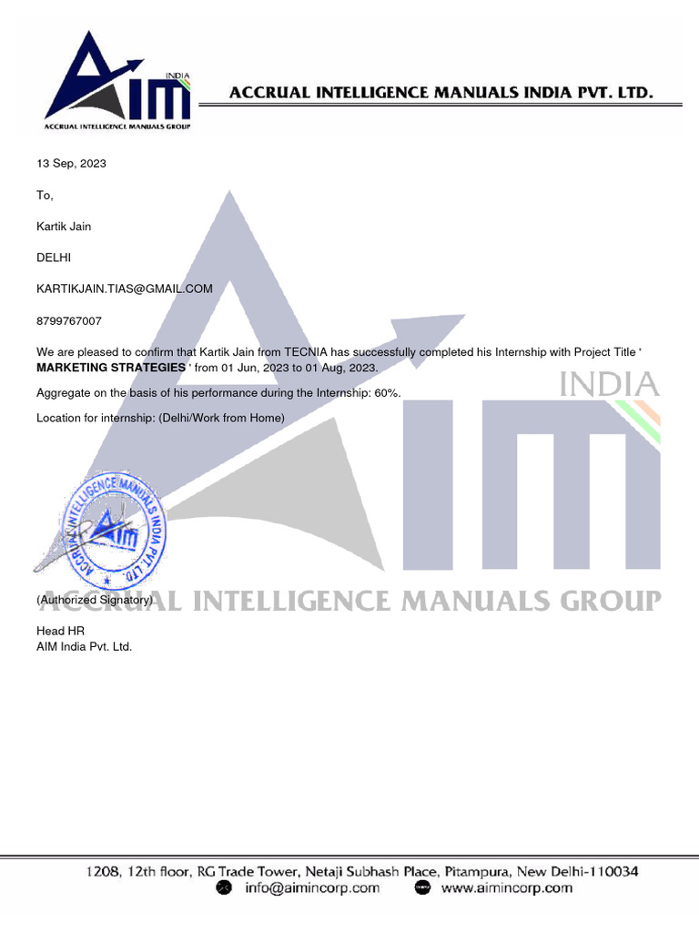 Kartik Jain TECNIA Certificate | PDF