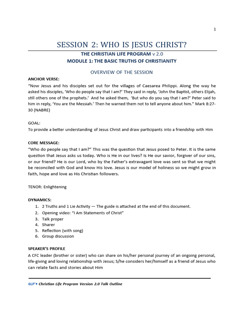 CLP v2 Session 2 Who is Jesus Christ Expanded Outline (1) | PDF | Jesus ...