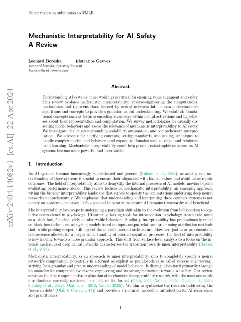 Mechanistic Interpretability For AI Safety A Review: Leonard Bereska Efstratios Gavves | PDF ...