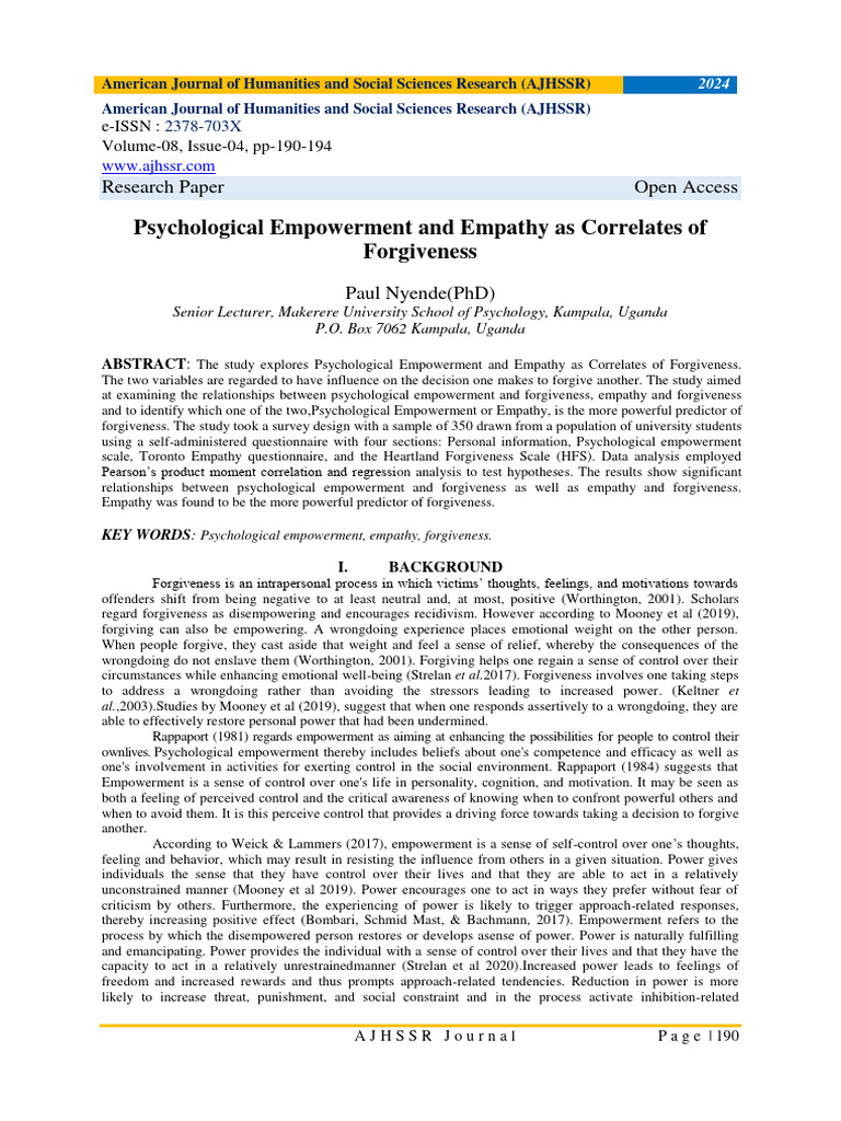 Psychological Empowerment and Empathy As Correlates of Forgiveness ...