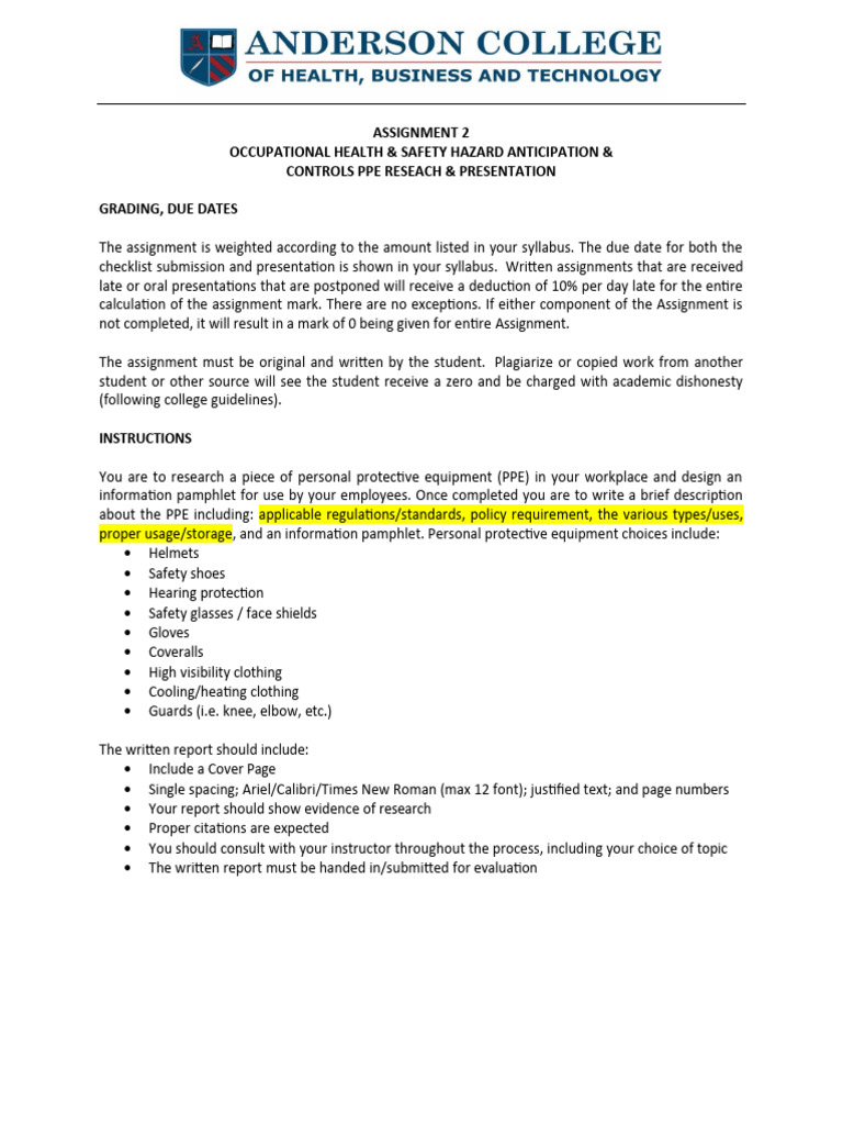 OHS HA&C Assignment 2 - PPE Research & Presentation | PDF | Personal Protective Equipment | Safety