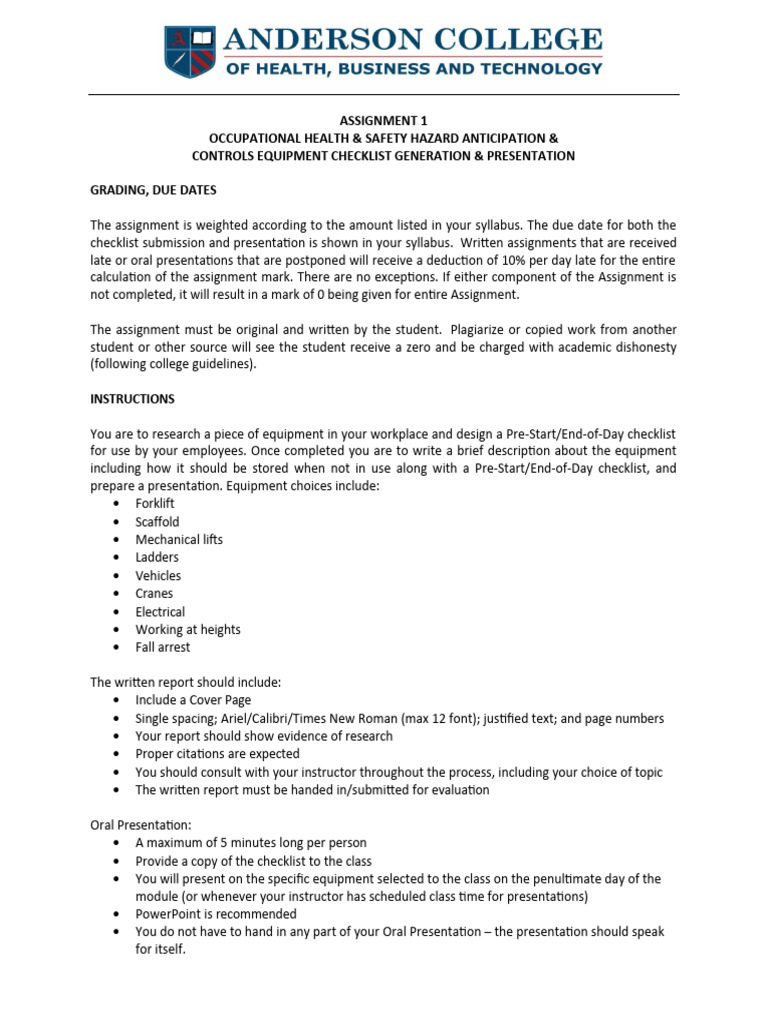 OHS HA&C Assignment 1 - Equipment Checklist & Presentation | PDF