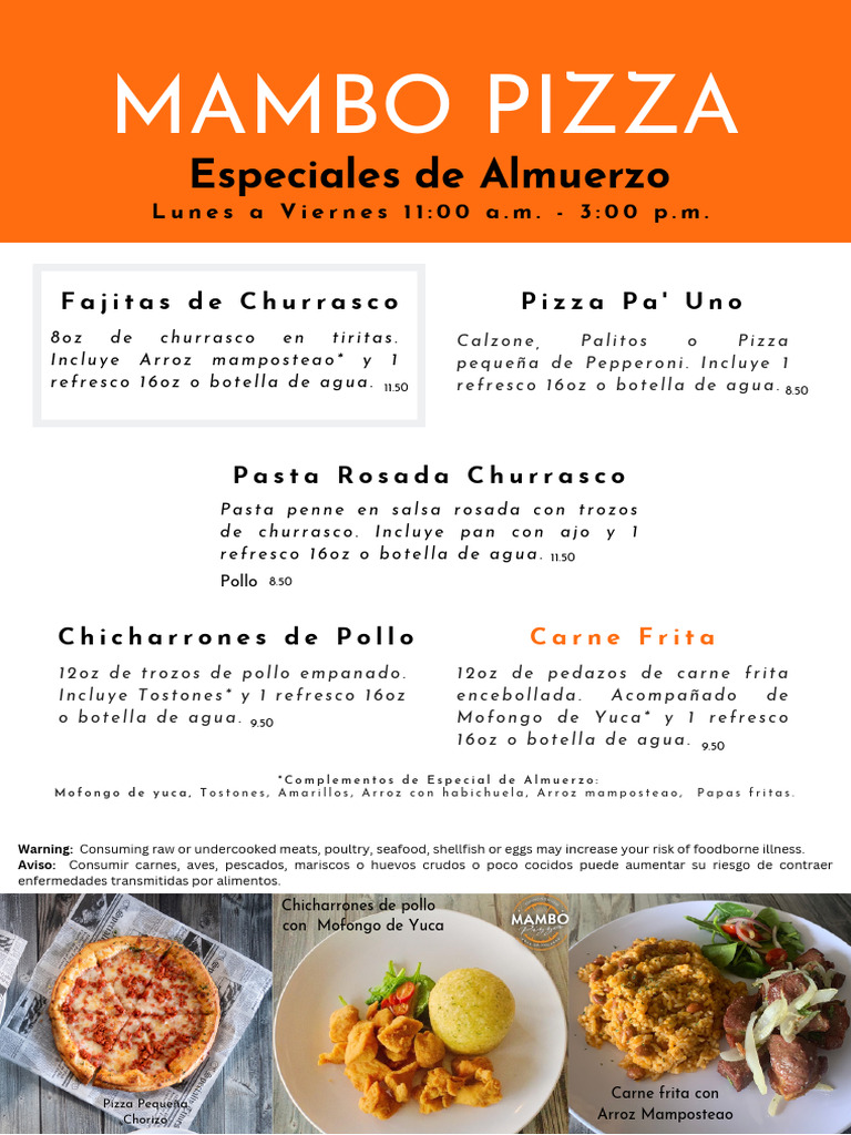 Mambo Pizza: Especiales de Almuerzo | PDF | Pizza | Postres