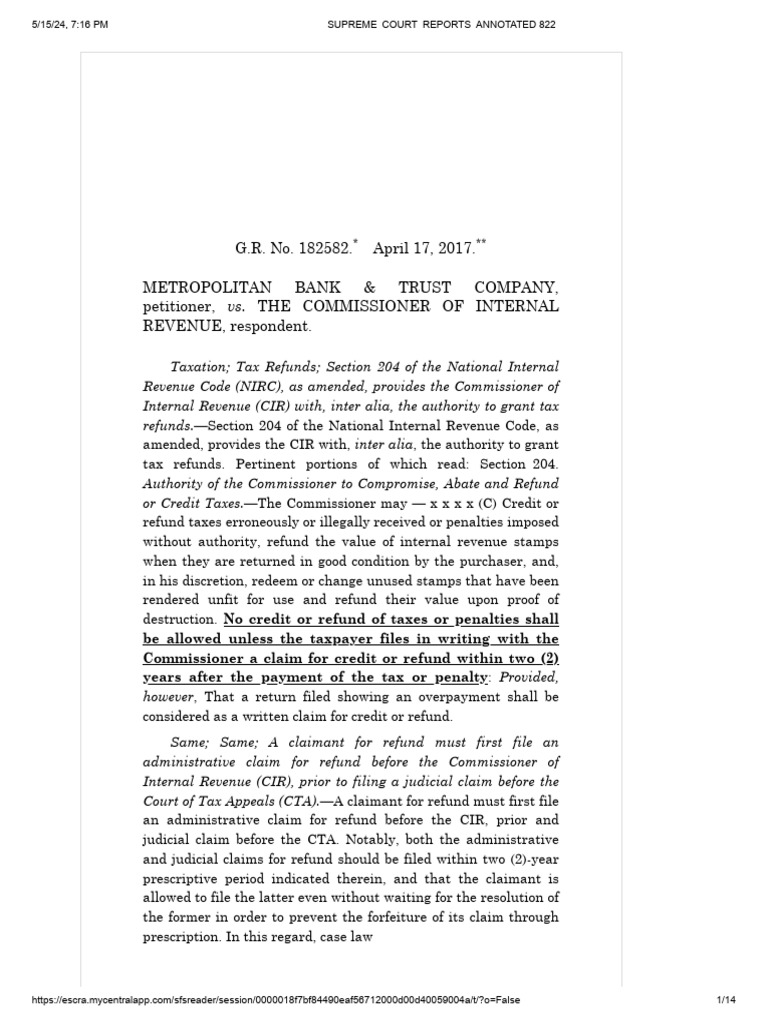 Metropolitan Bank & Trust Company vs. Commissioner of Internal Revenue ...