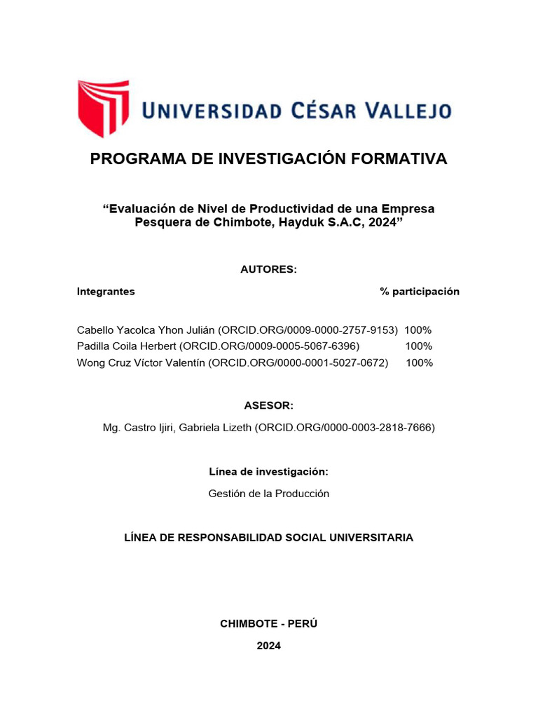 Evaluación de Nivel de Productividad de Una Empresa Pesquera de ...