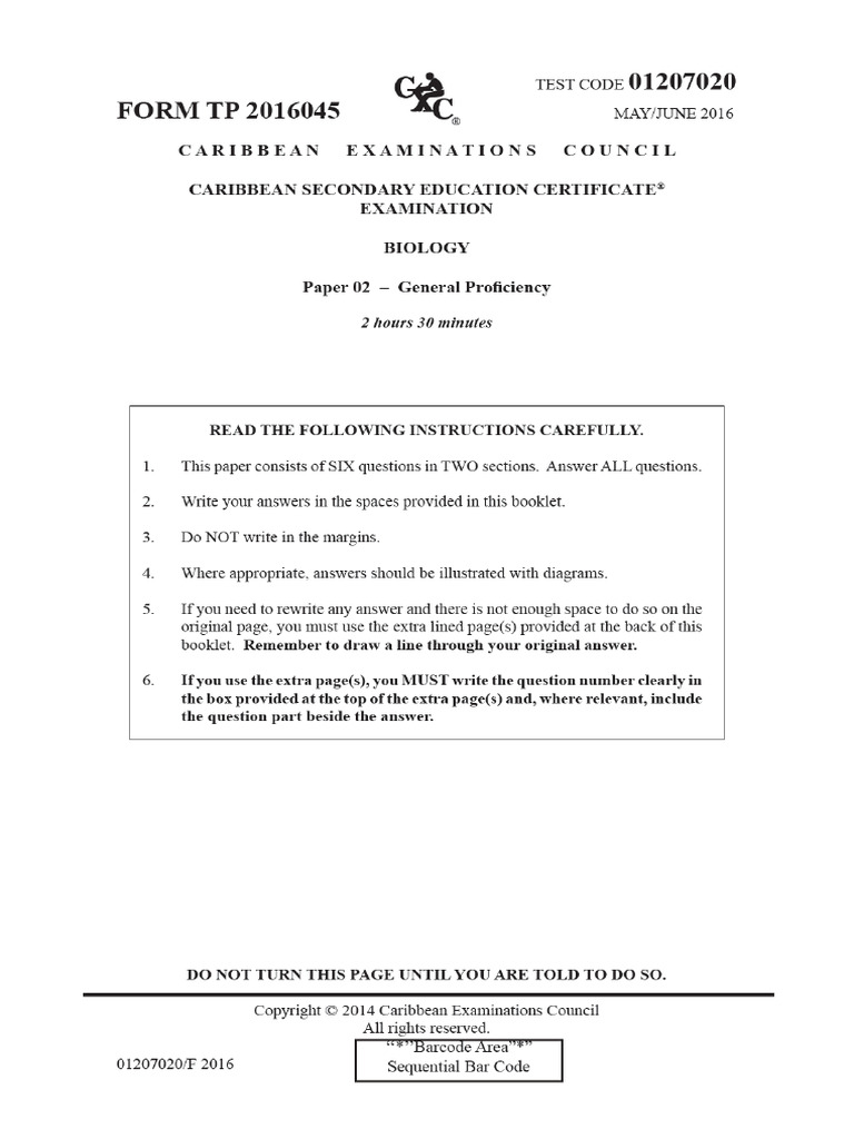 CSEC Biology P2 2016 | PDF | Zygosity | Catalase