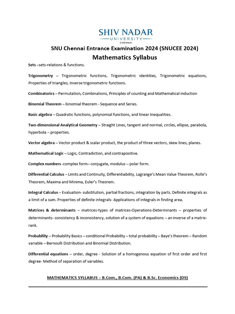 Mathematics-Syllabus-SNUCEE-2024 2 | PDF | Integral | Equations