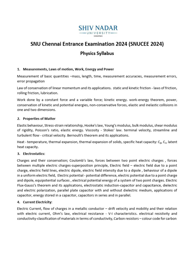 Physics-Syllabus-SNUCEE-2024 2 | PDF | Magnetic Field | Electromagnetic ...