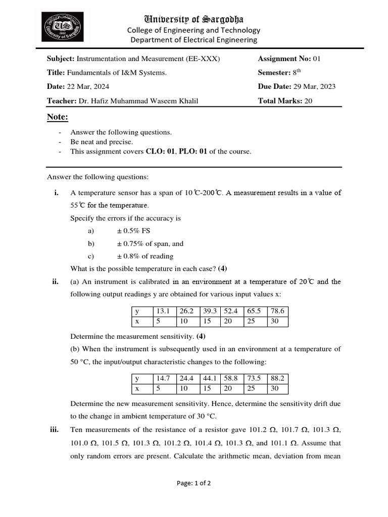 Assignment 1 (I&M-Fall20) (CLO-1) (PLO-1) | PDF | Observational Error | Electrical Engineering
