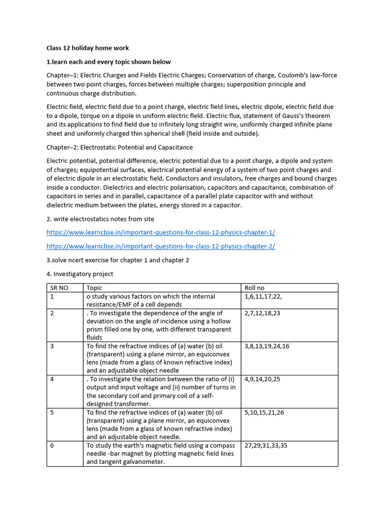 Class12 Physics Holiday Work | PDF | Capacitor | Capacitance