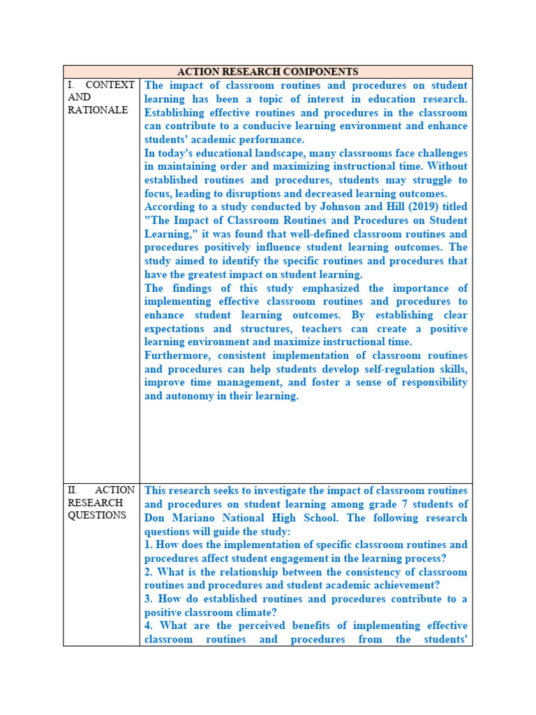 Classroom Routines and Procedures Action Research Plan | PDF | Learning | Teachers