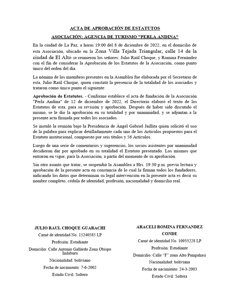 Acta de Aprobación de Estatutos | PDF | Documento de identidad | Gobierno