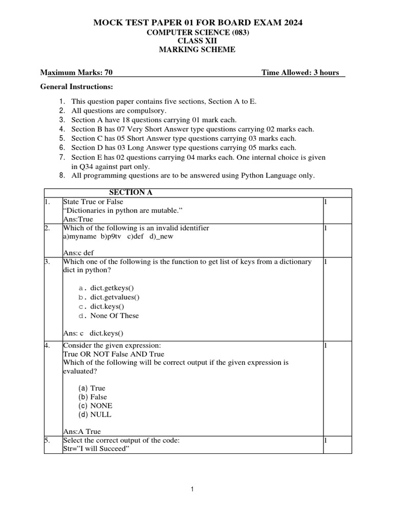 Class Xii Computer Science Mock Test Paper 01 Ms | PDF | Computer ... Class Xii Computer Science Mock Test Paper 01 Ms | PDF | Computer ...
