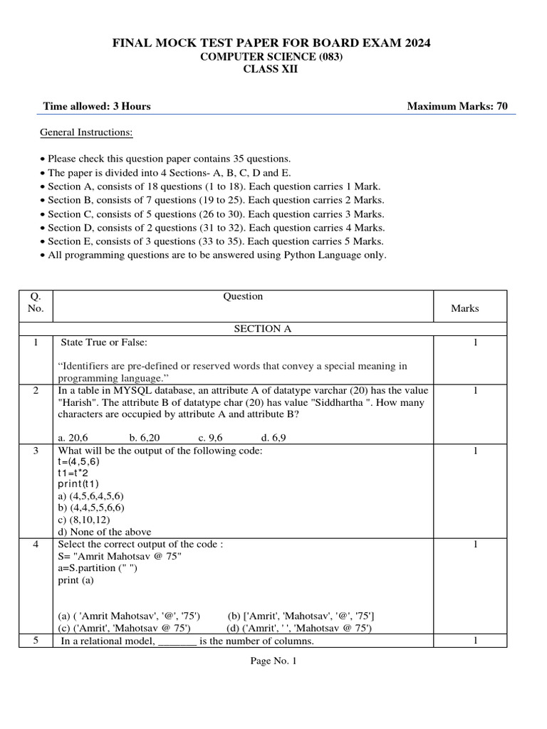 Class Xii Computer Science Final Mock Test Paper Qp Pdf String Computer Science Comma