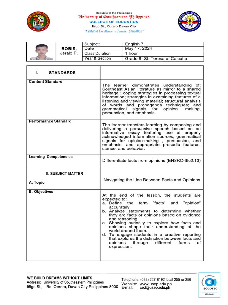 Bobis Jerald-Bsed English 1 - Lesson Plan | PDF | Statistics | Opinion