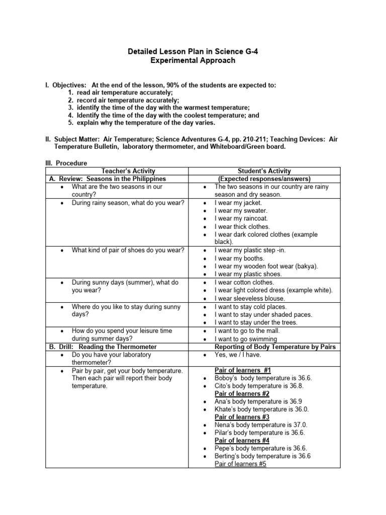 Detailed Lesson Plan in Experimental Method | PDF | Thermometer ...