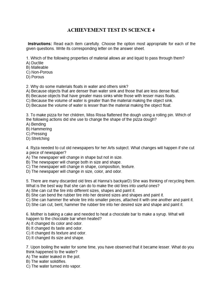 Science Achievement Test for Grade 4 | PDF | Water | Force
