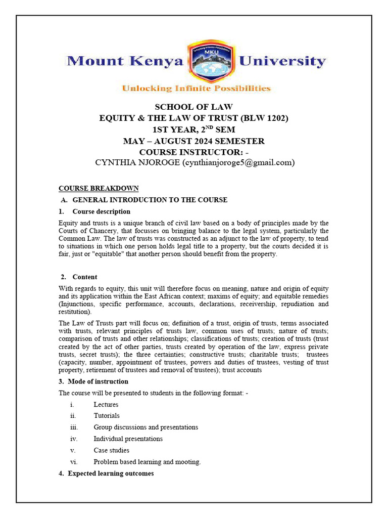EQUITY AND LAW OF TRUSTS COURSE OUTLINE 2024-REVISED (1) | PDF | Equity ...