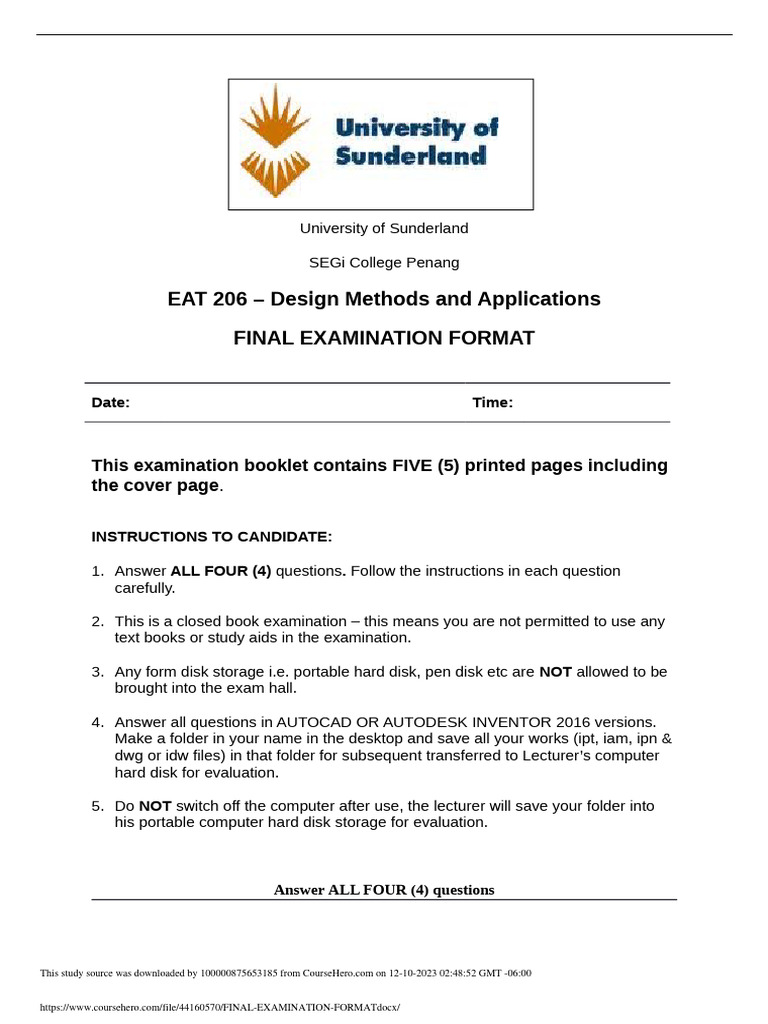Final Exam Format for EAT 206 Design | PDF | Computer File | Auto Cad