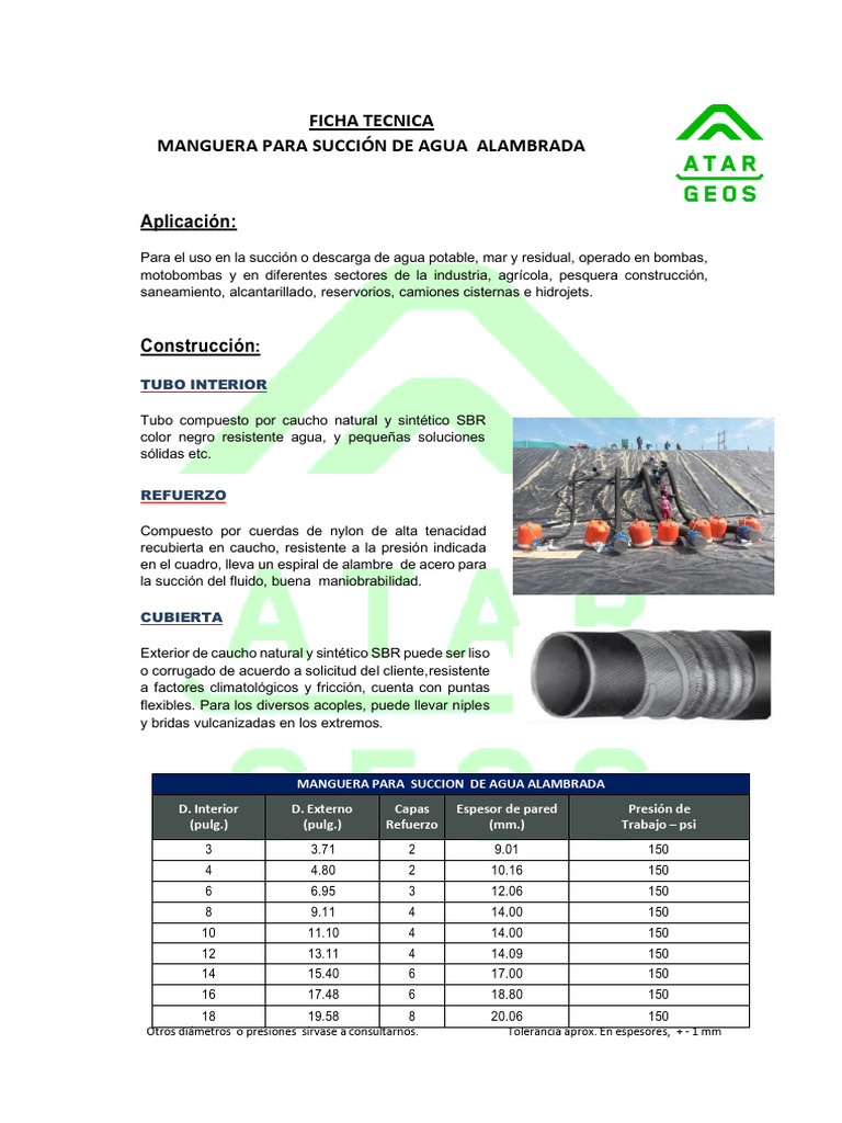 Ficha Tecnica Manguera succion de agua | PDF Ficha Tecnica Manguera succion de agua | PDF