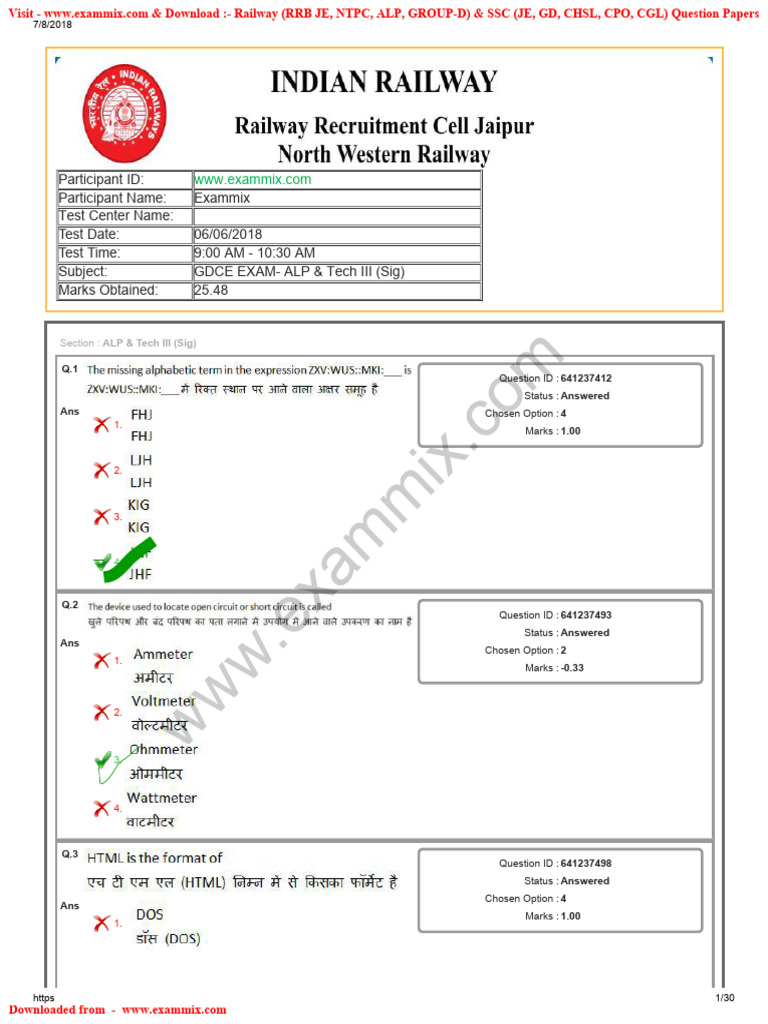 RRC NWR GDCE Exam 2018 ALP & Tech III Previous Year Question Paper | PDF