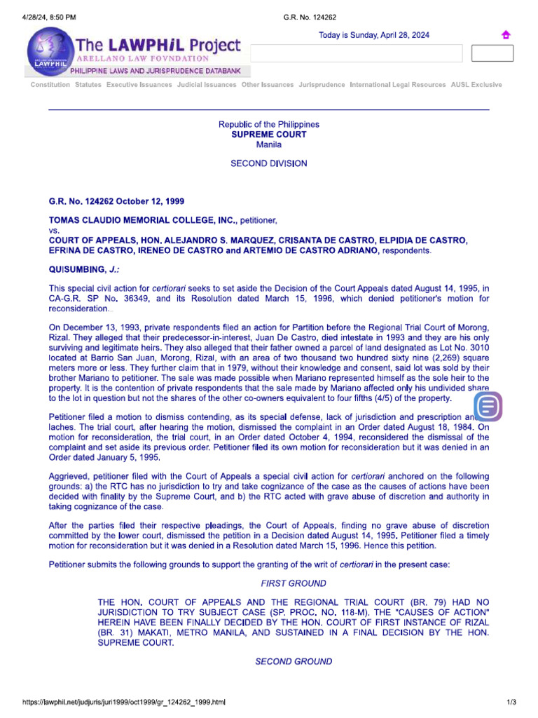 TOMAS CLAUDIO MEMORIAL COLLEGE vs. CA | PDF