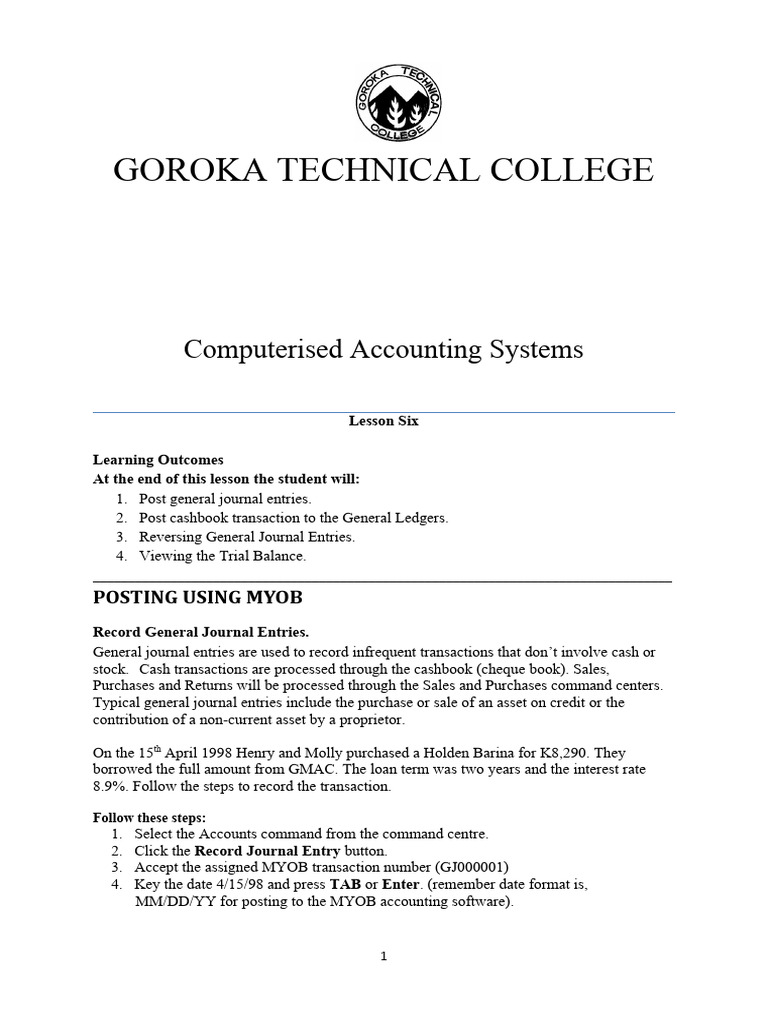 Lesson 6 Notes Posting Using Myob | PDF | Debits And Credits | Cheque