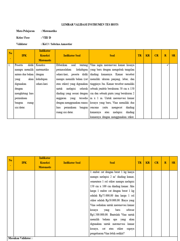Lembar Validasi Instrumen Tes Hots | PDF