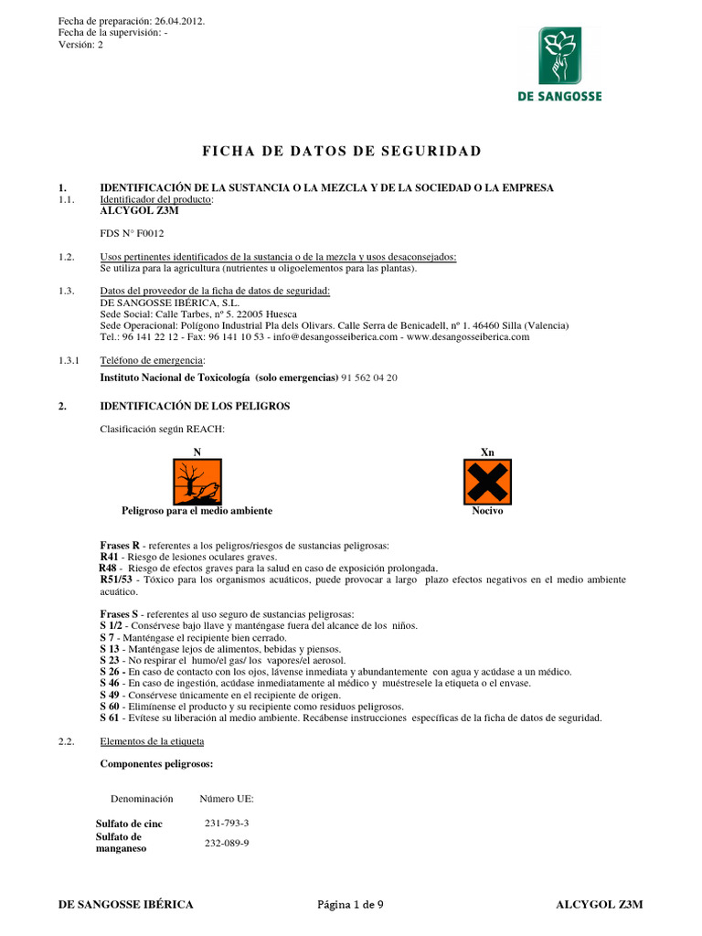 FDS ALCYGOL Z3M | PDF | Toxicidad | Residuos