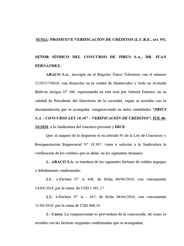 Modelo Escrito de Verificación de Créditos | PDF