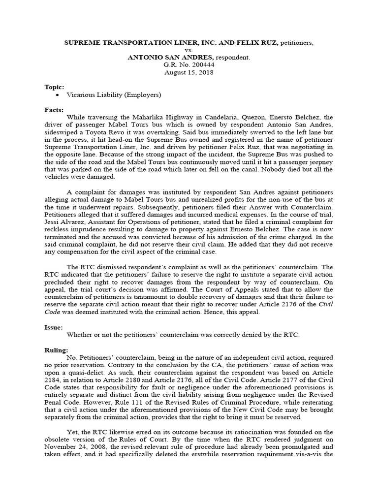 Supreme Transportation Liner v. San Andres (G.R. No. 200444) | PDF ...