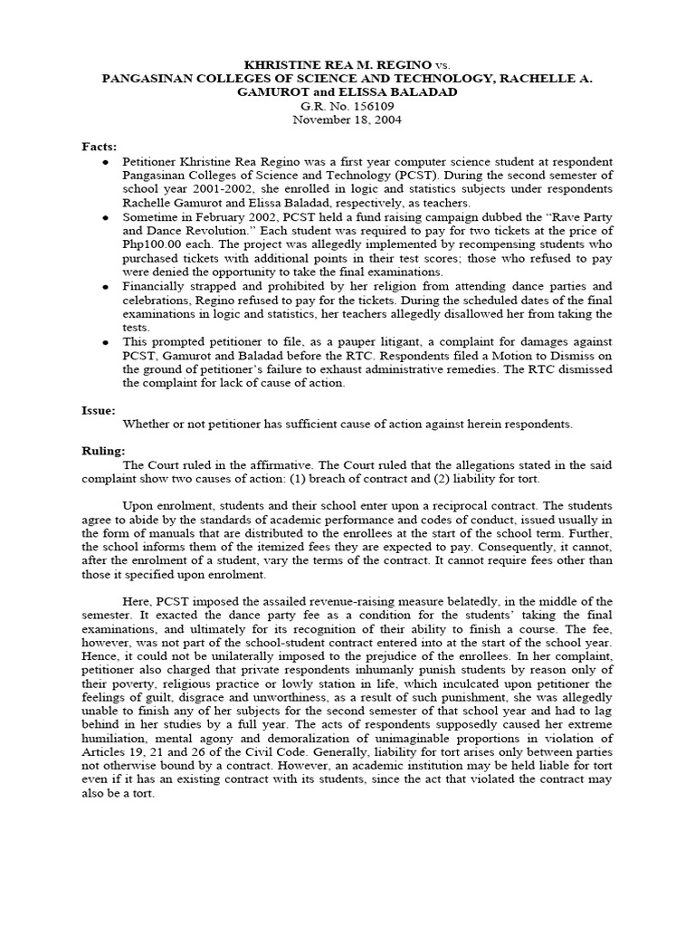 Regino v. PCST (G.R. No. 156109) | PDF | Cause Of Action | Tort