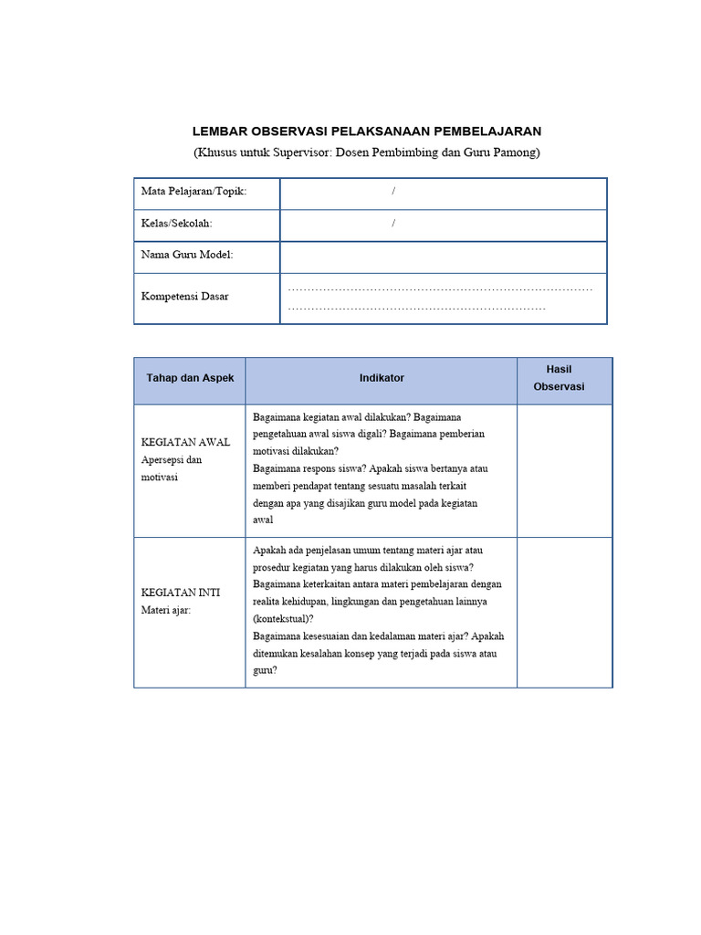 Lembar Observasi Pelaksanaan Pembelajaran GP Dan DPL | PDF