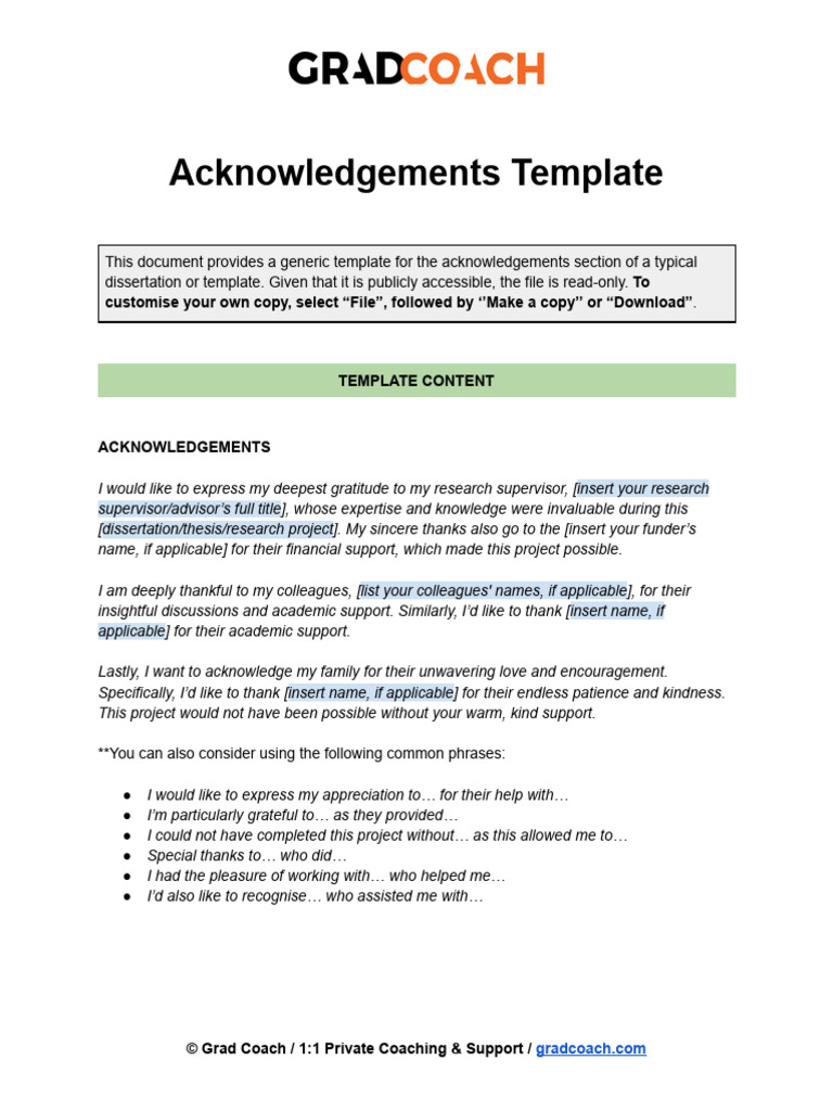 Acknowledgement Section Template Jan 2024 | PDF | Career & Growth