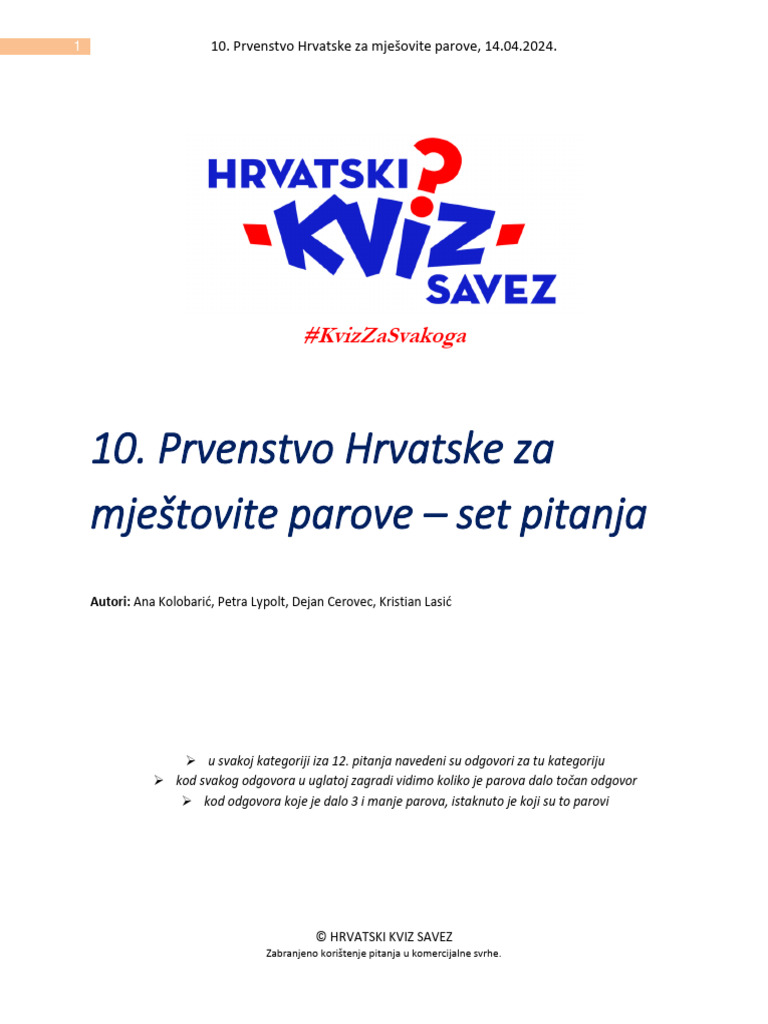 Prvenstvo Hrvatske Za Mještovite Parove - Set Pitanja: #Kvizzasvakoga | PDF