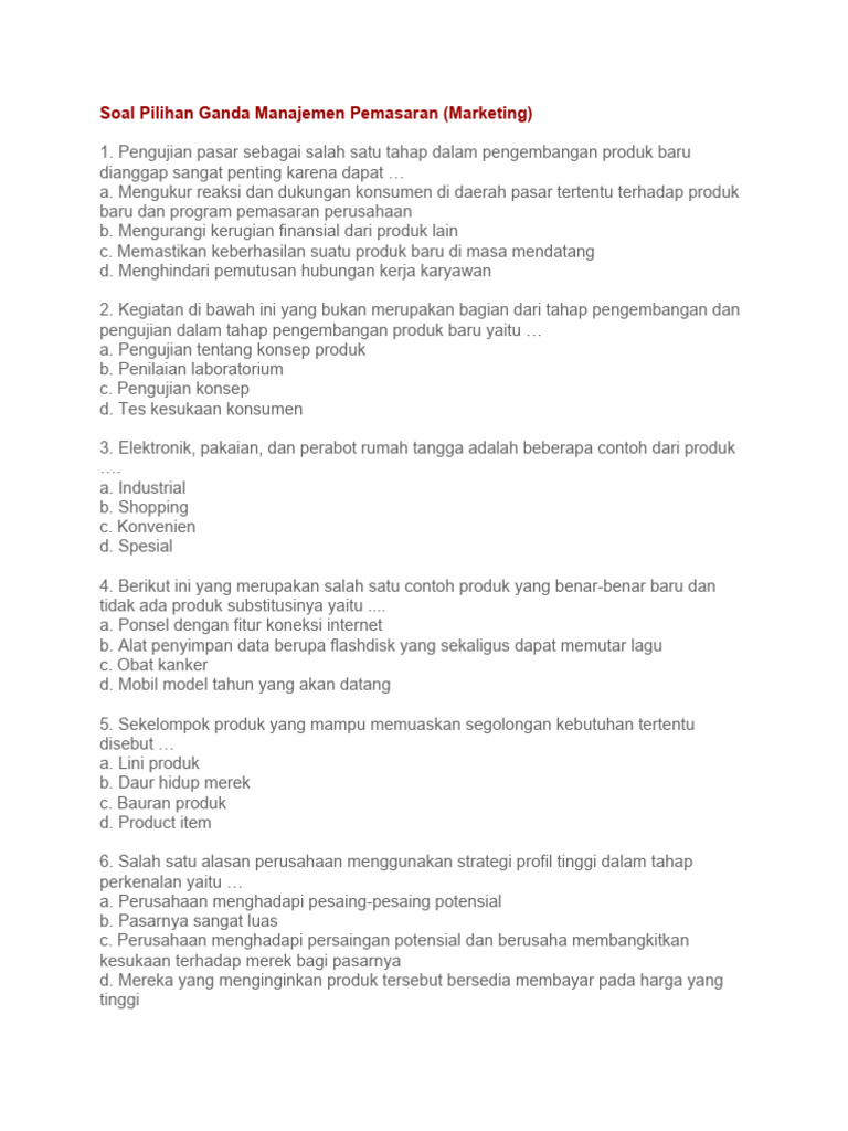 Soal Pilihan Ganda Manajemen Pemasaran | PDF