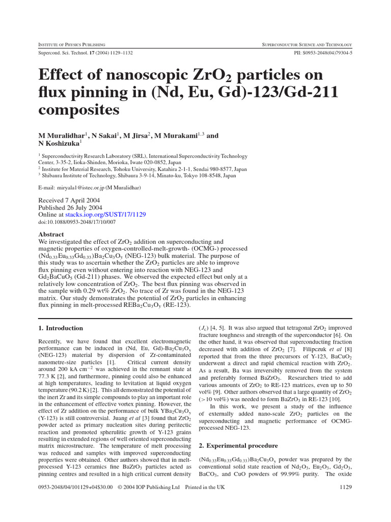 Effect of Nanoscopic ZrO2 Particles On Flux Pinning | PDF ...