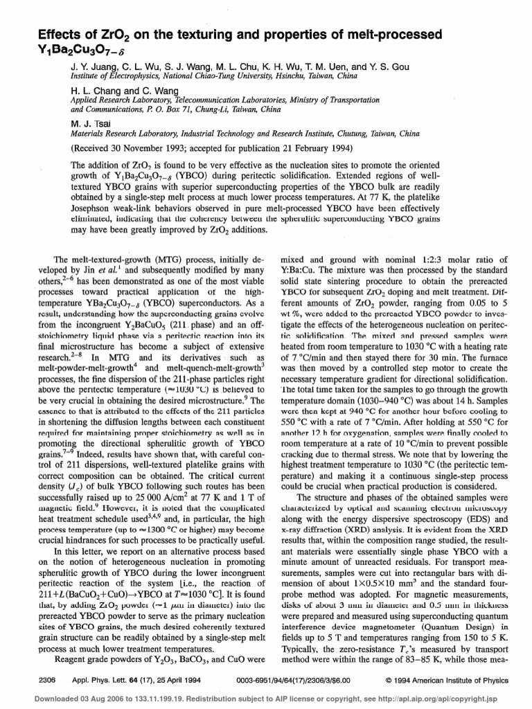 ApplPhysLett 64 2306-ZrO2 On Y123 | PDF | Materials Science | Physical Sciences
