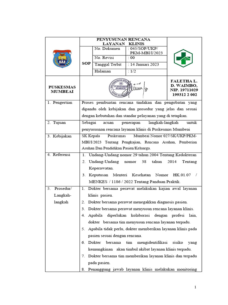 Sop Penyusunan Rencana Layanan Klinis | PDF