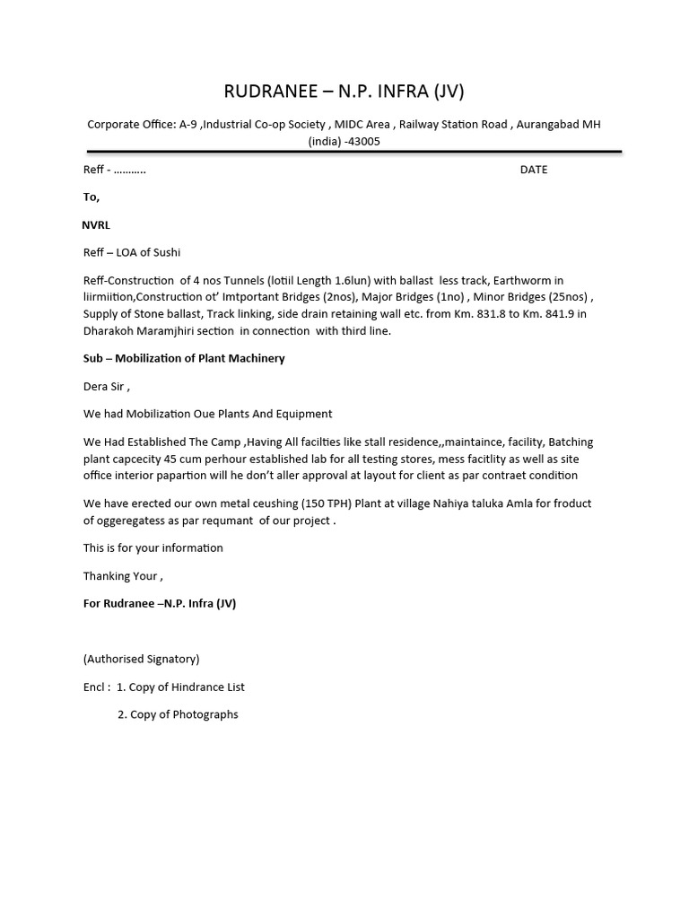 LETTER 1 Mobilization of Plant Machinery | PDF | Business