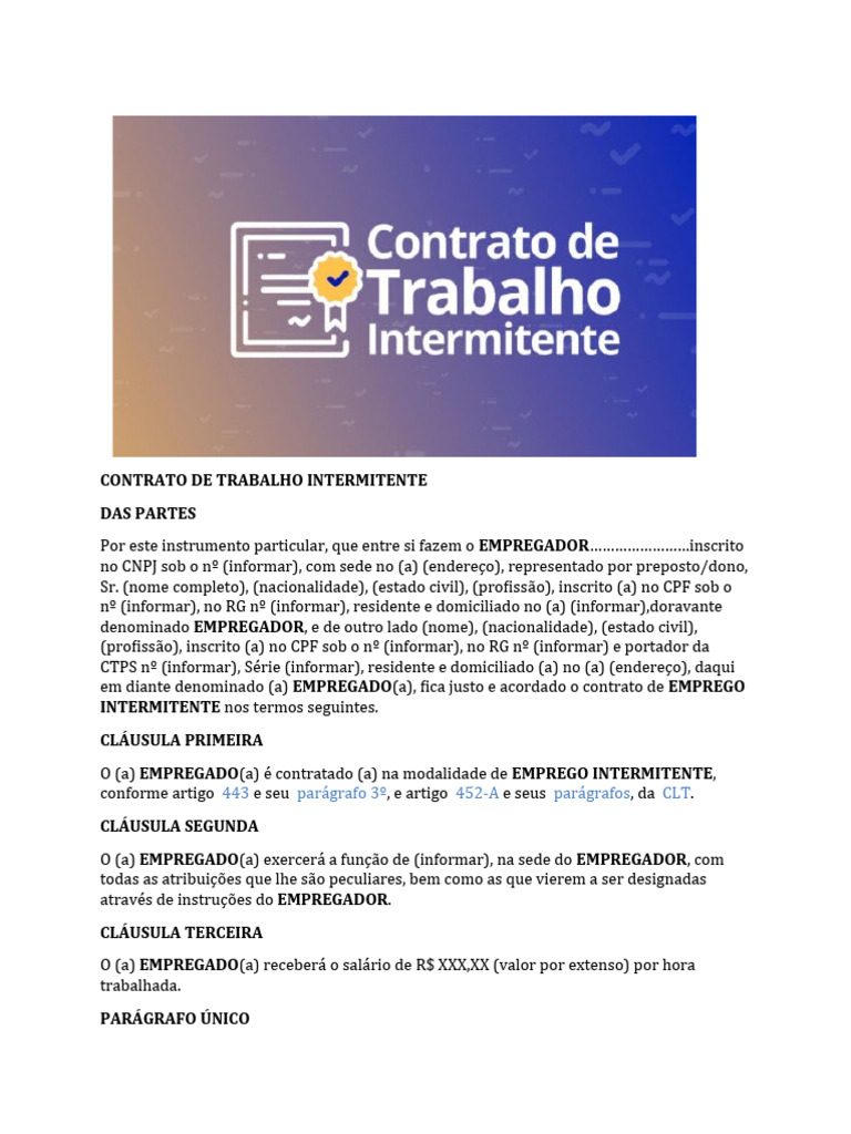 Modelo Contrato de Trabalho Intermitente | PDF