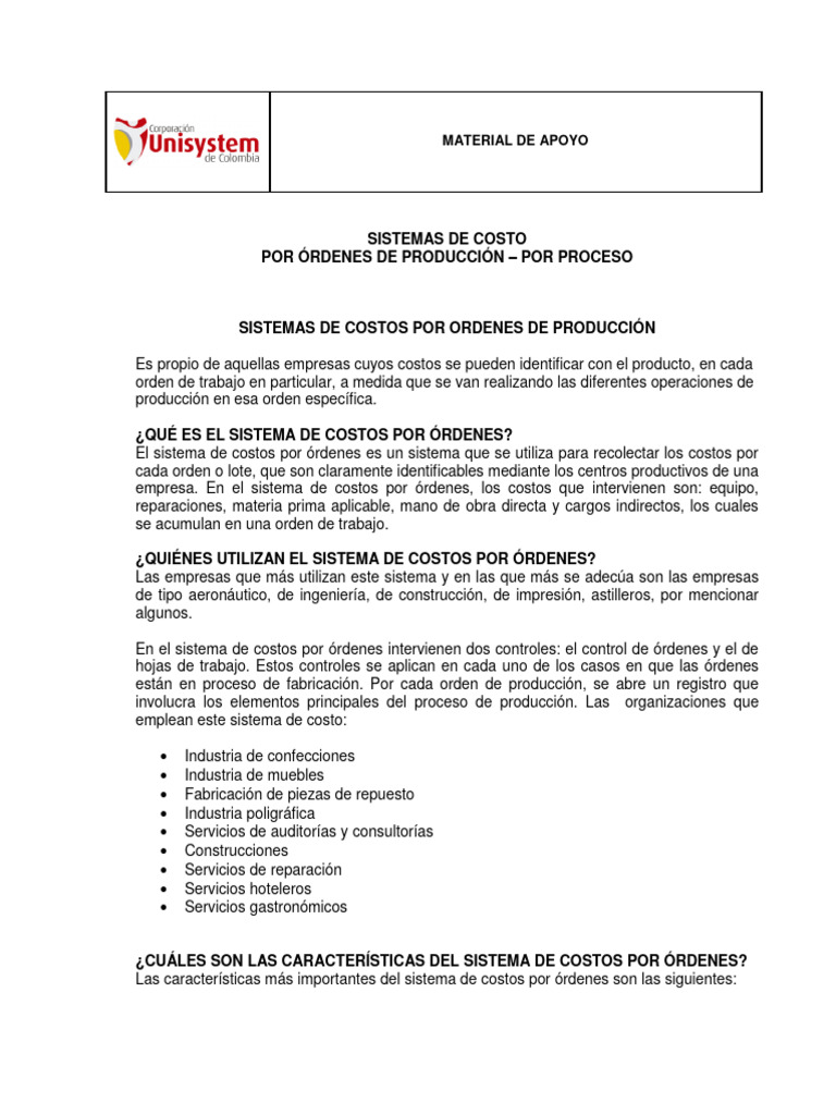 Material de Apoyo 3 - Sistemas de Costo Por Ordenes de Producción - Por ... Material de Apoyo 3 - Sistemas de Costo Por Ordenes de Producción - Por ...