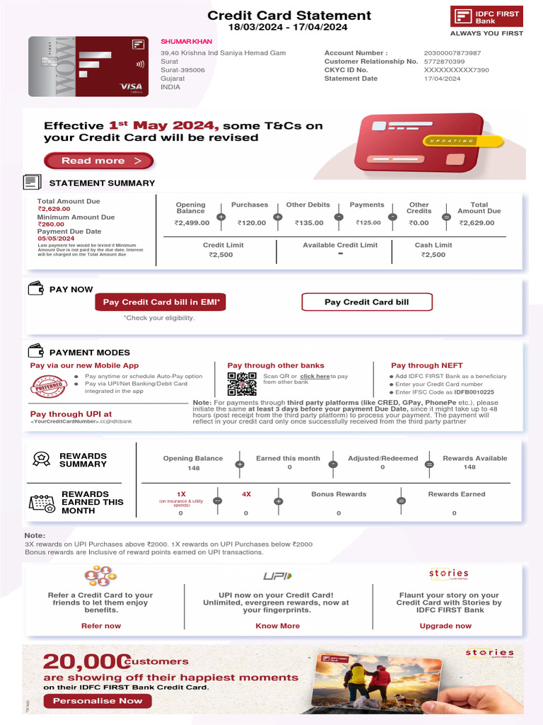 IDFC FIRST Bank - Credit Card - Statement - 17042024 | PDF | Credit ...